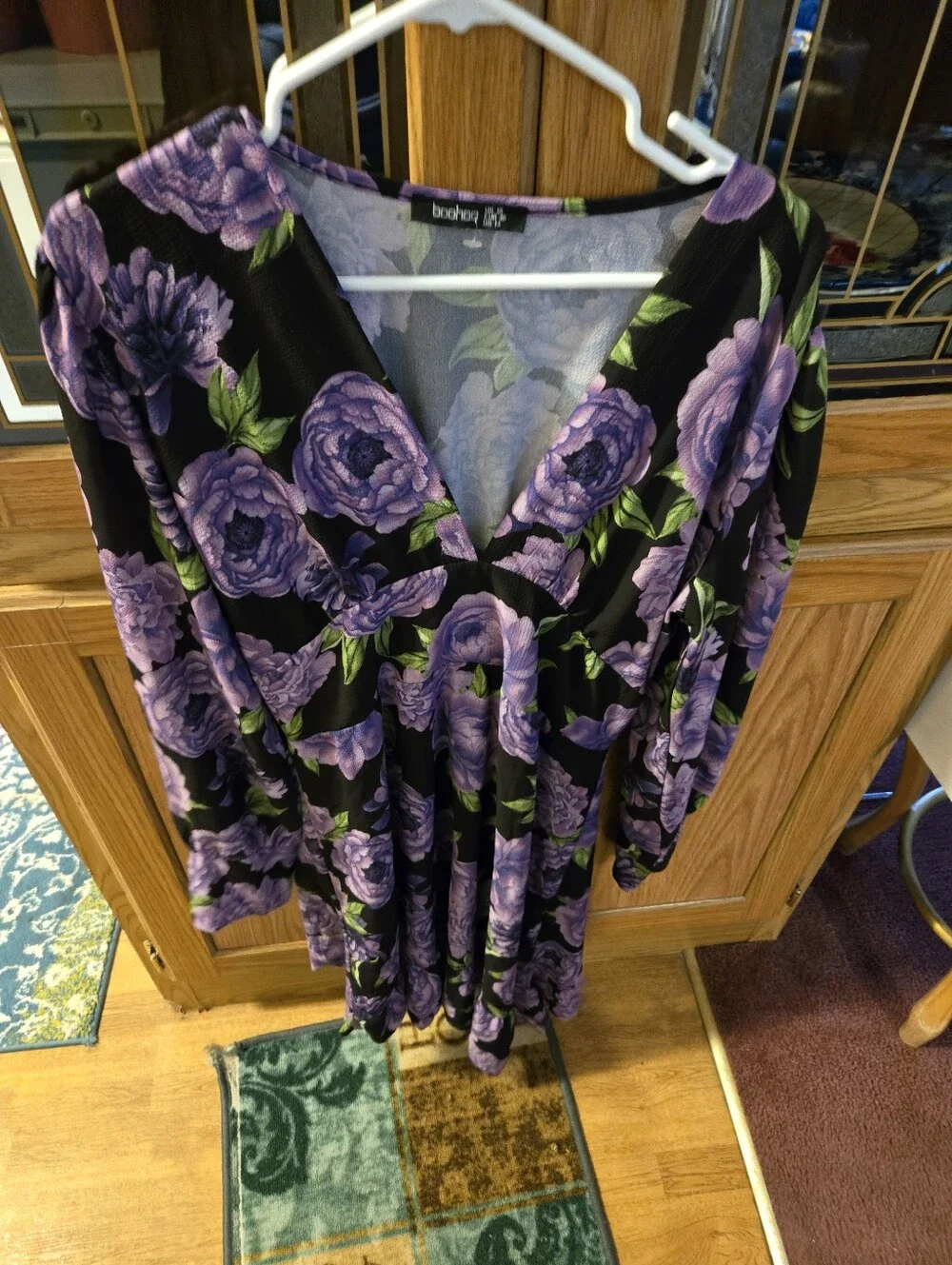 Boohoo | Dresses | Boohoo Black With Purple Floral Print And Green ...